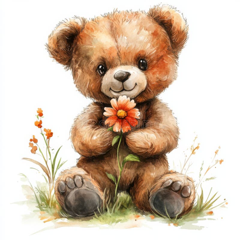 Watercolor Teddy Bear Toy Holding a Flower Stock Illustration ...