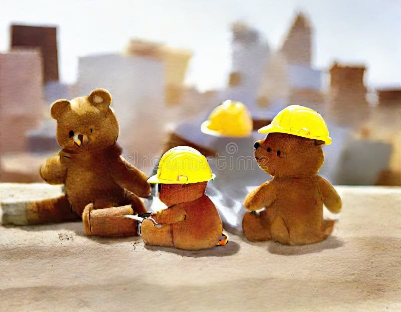 Watercolor of of Teddy Bears on a Construction Site Created Using Tools ...