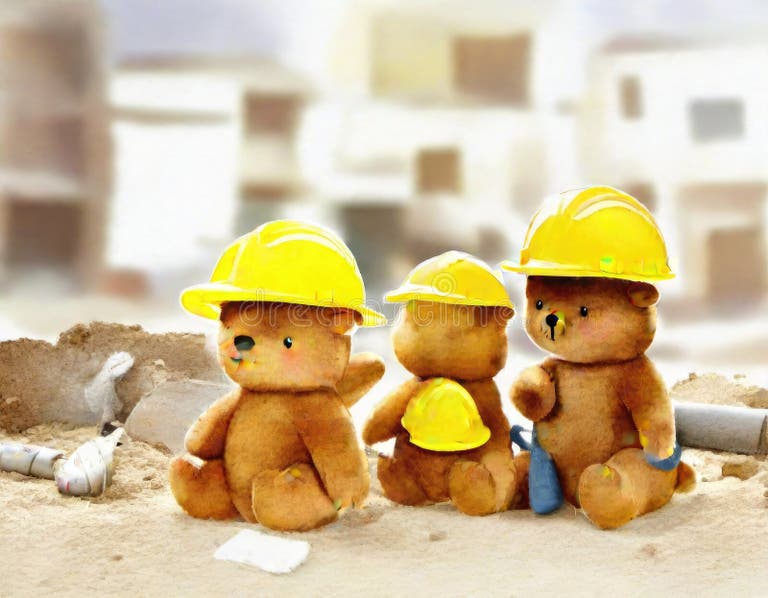 Watercolor of of Teddy Bears on a Construction Site Created Using Tools ...