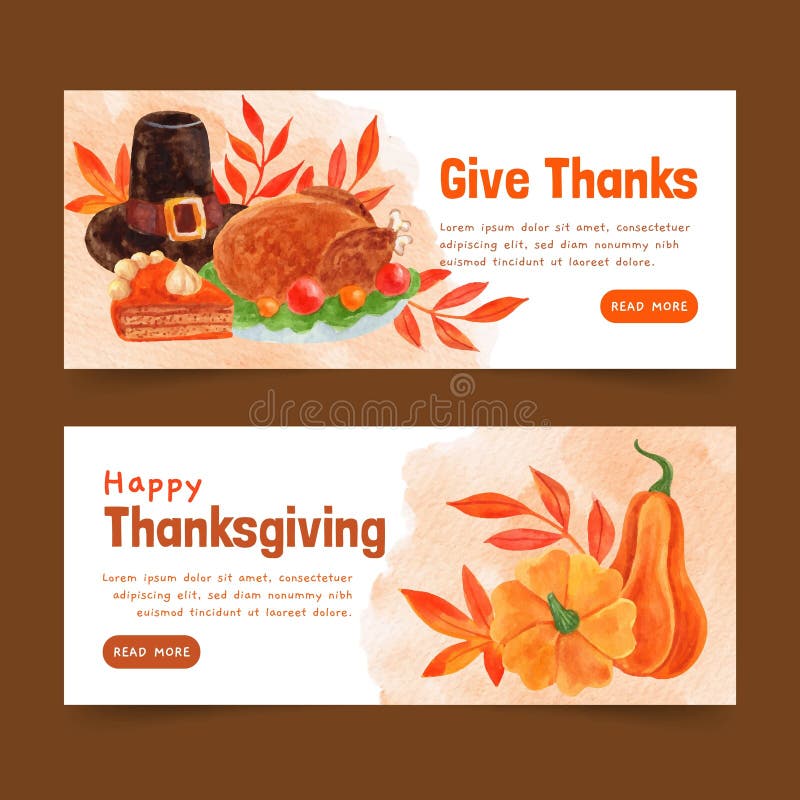 Watercolor Thanksgiving Horizontal Banners Set Vector Design Stock ...