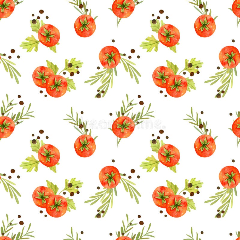 Watercolor Tomato and Green Leaves Seamless, Square Pattern Stock Photo ...