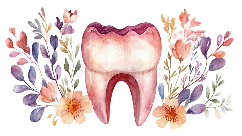 Watercolor Tooth with Floral Decorations Stock Photo - Image of nature ...