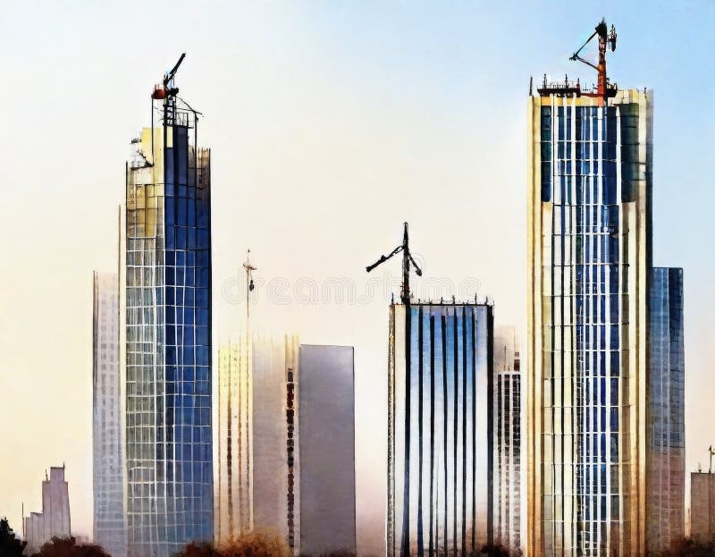 Watercolor of a Tower Crane Constructs a Tall Building beside a Tiny ...