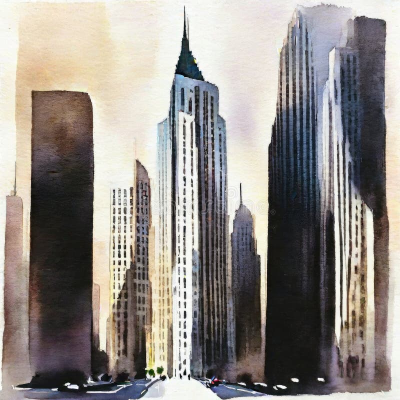 Watercolor of a Towering Skyscraper Casting Shadows on a Busy Downtown ...