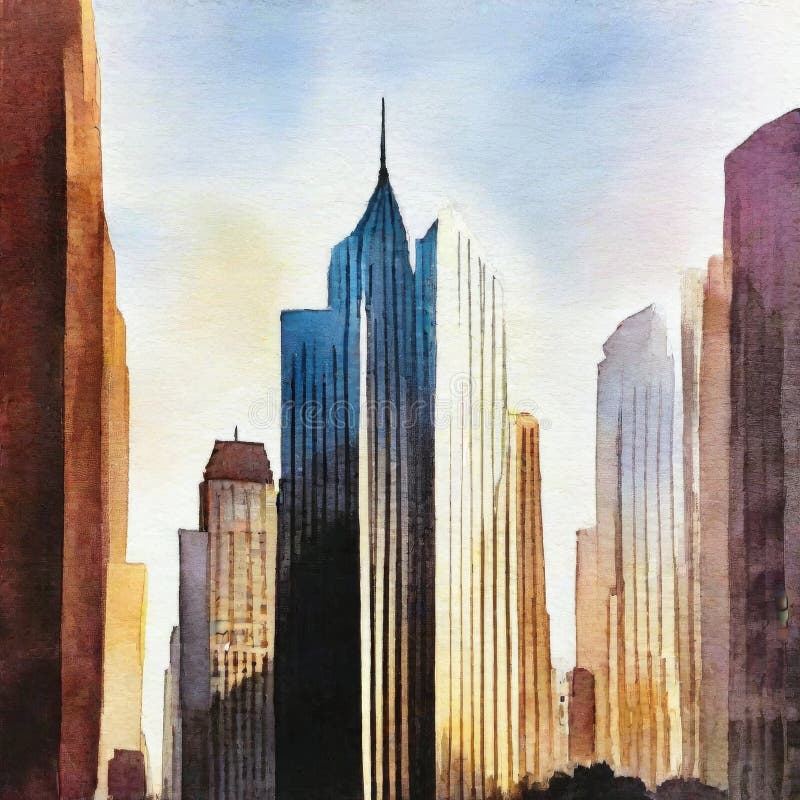 Watercolor of a Towering Skyscraper Casting Shadows on a Busy Downtown ...
