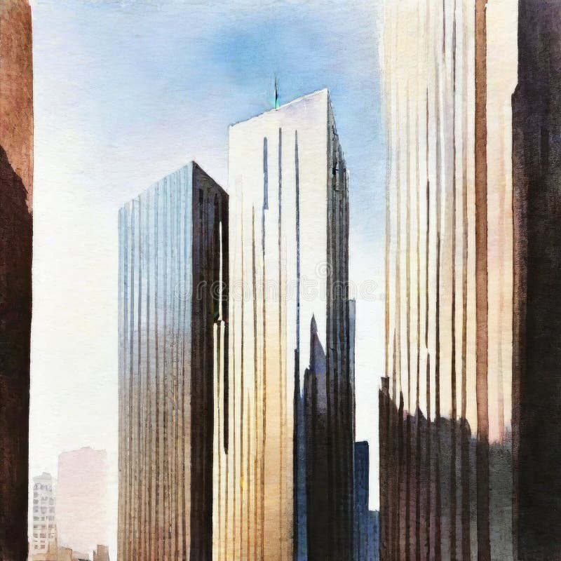 Watercolor of a Towering Skyscraper Casting Shadows on a Busy Downtown ...