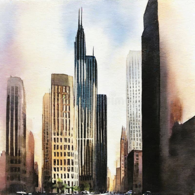 Watercolor of a Towering Skyscraper Casting Shadows on a Busy Downtown ...