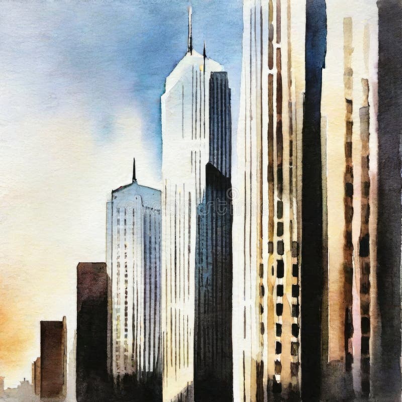 Watercolor of a Towering Skyscraper Casting Shadows on a Busy Downtown ...