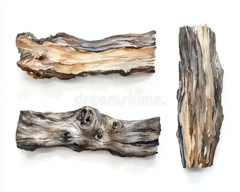 Watercolor Tree Bark: Four Pieces on Clean White Surface Stock ...