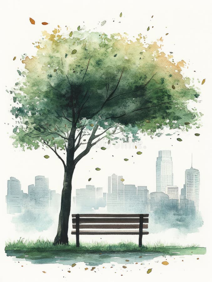 Watercolor Tree and Bench with City Skyline in Background. Stock Image ...