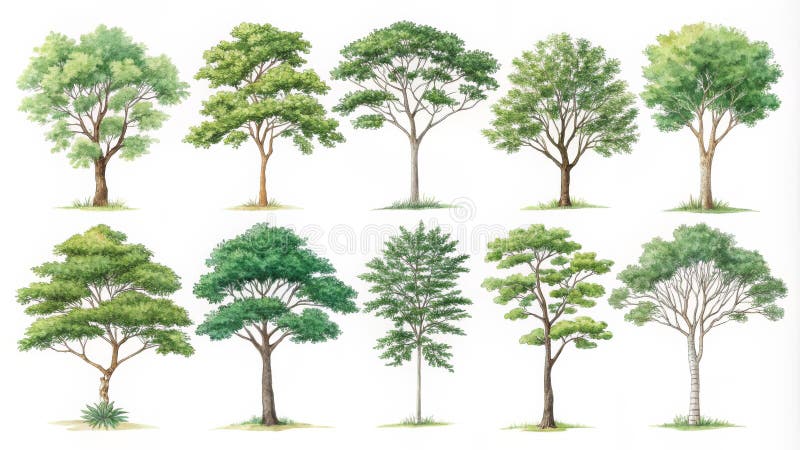 Watercolor Tree Collection 10 Green Trees, Botanical Illustration Stock ...