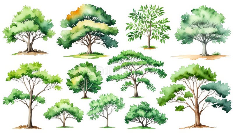 Watercolor Tree Collection: Varied Greenery for Nature-inspired Designs Stock Photo - Image of ...