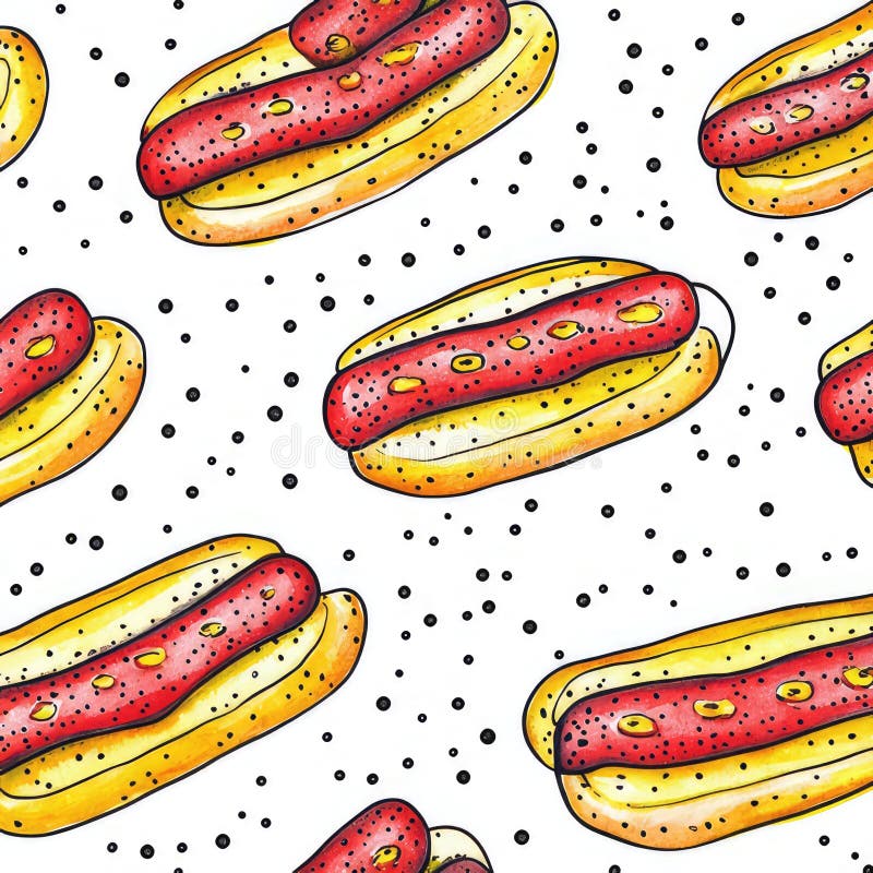 Watercolor Hot Dog Pattern Hand Drawing Stock Illustration ...