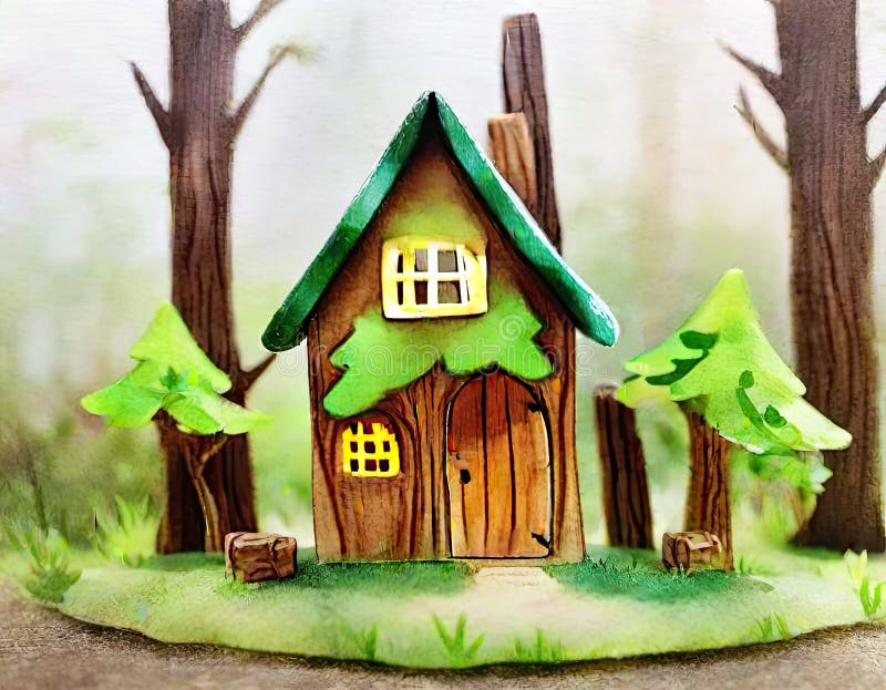 Watercolor of Tree House Elf Dwelling Stock Illustration - Illustration ...