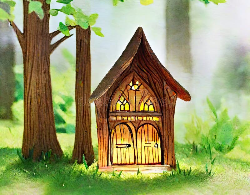 Watercolor of Tree House Elf Dwelling Stock Illustration - Illustration ...