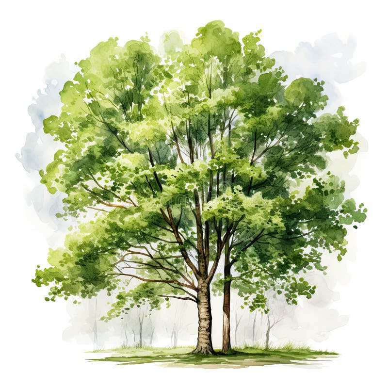 Watercolor Tree Illustration, Green Tree Drawing Isolated on White ...
