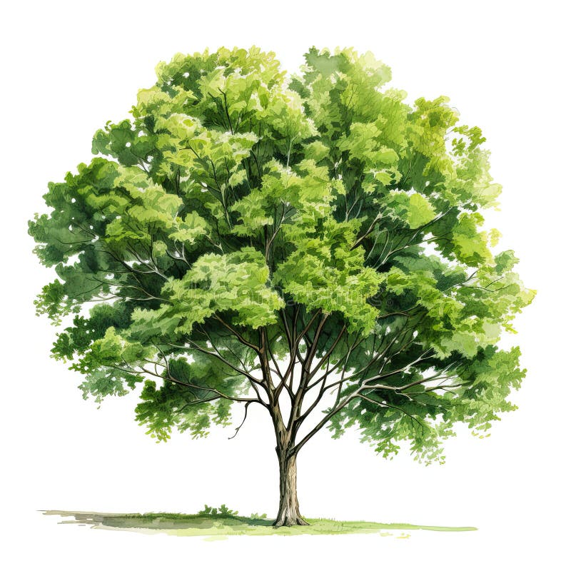 Watercolor Tree Illustration, Green Tree Drawing Isolated on White ...