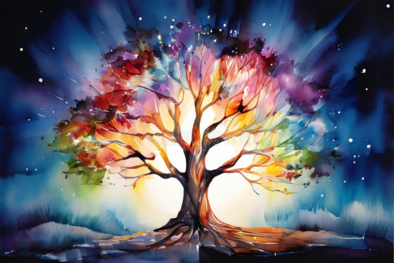 Watercolor Tree with Light Effectshighlighting the Tree with Lig Stock ...