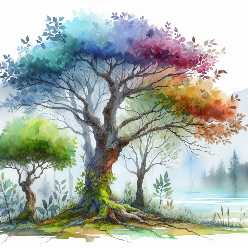Watercolor Trees with Digital Leaves Watercolor Trees with Digit Stock ...
