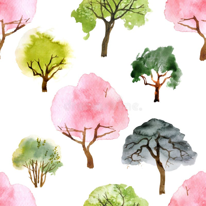 Set of Hand Drawn Watercolor Trees. Stock Illustration - Illustration ...