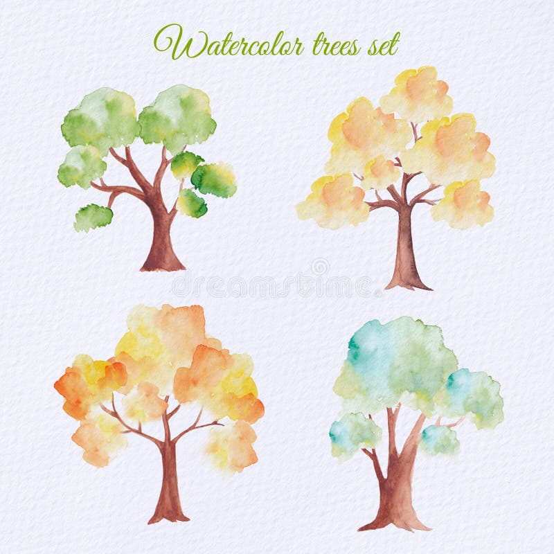 Watercolor Trees Set. Art Hand Drawn Green Tree Illustration Brush ...