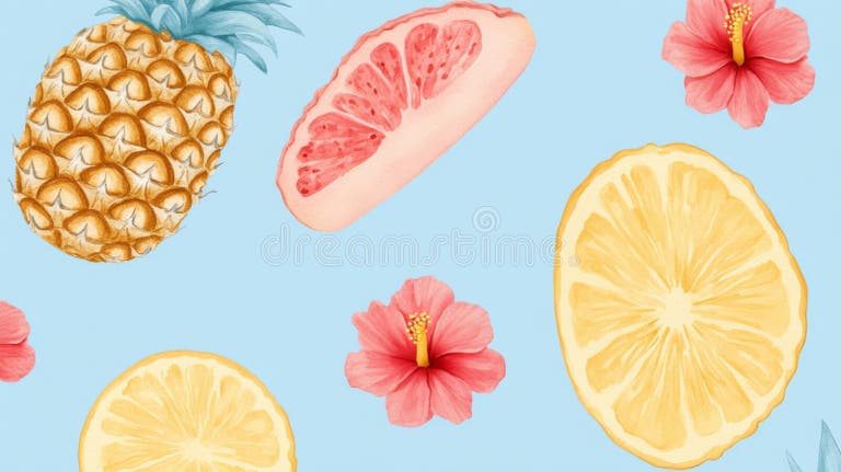 Watercolor Tropical Fruit and Flower Pattern Stock Illustration ...