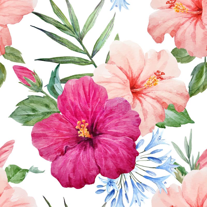 Watercolor Tropical Hibiscus Vector Pattern Stock Vector - Illustration ...