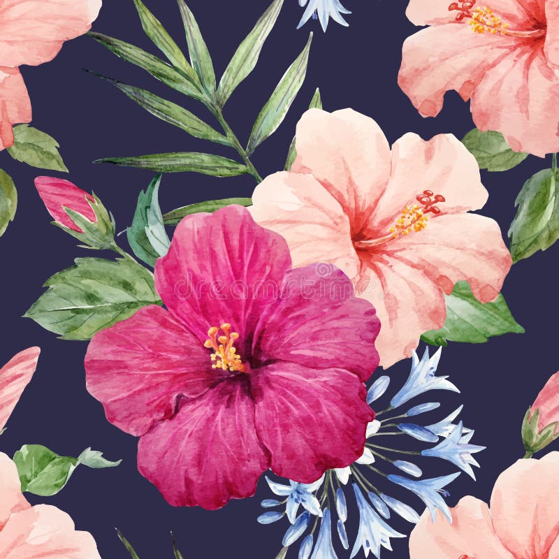 Watercolor Tropical Hibiscus Vector Pattern Stock Vector - Illustration ...