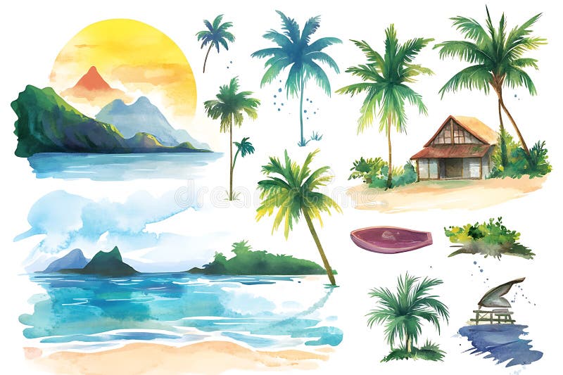 Watercolor Tropical Island Scene Elements Stock Illustration ...
