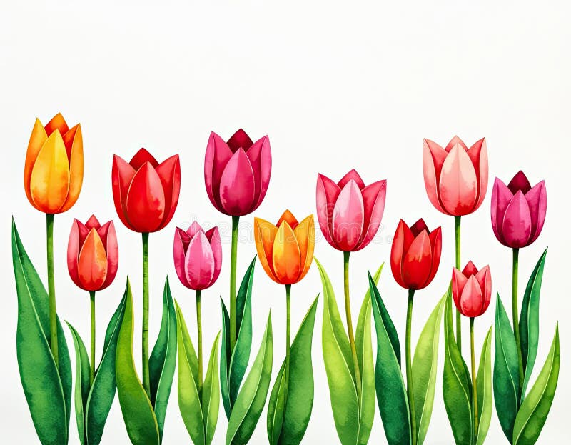 Watercolor Tulips Row Spring Flowers Border Stock Illustration ...