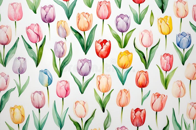 Watercolor Tulips Seamless Pattern with Colorful Spring Flowers for Background Design Stock ...