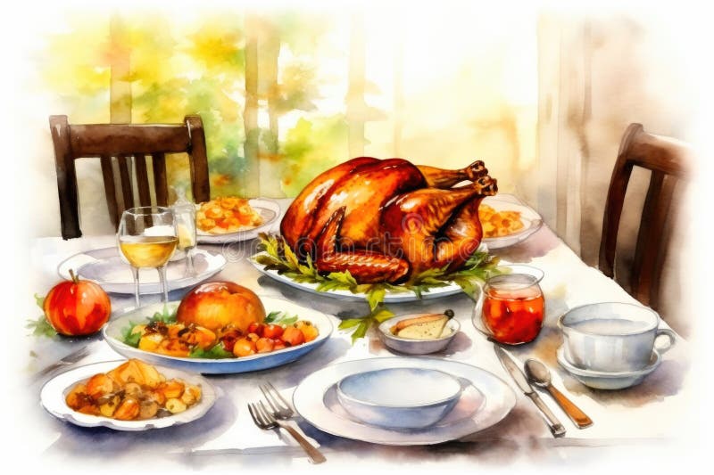 Watercolor Turkey Dinner: Thanksgiving Happiness. Stock Illustration ...