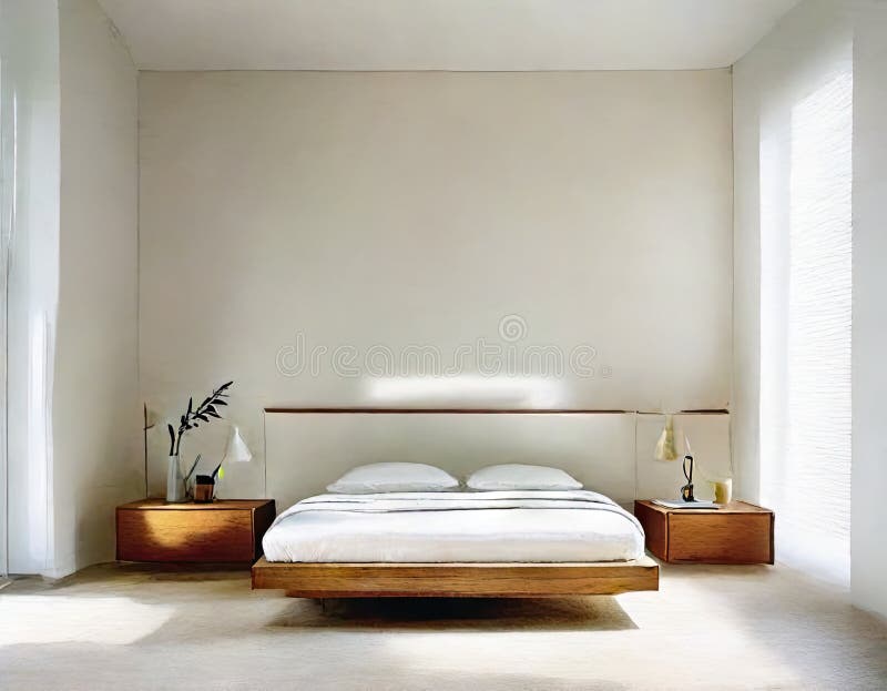 Watercolor of an Uncluttered Bedroom with a Bed Stock Illustration ...