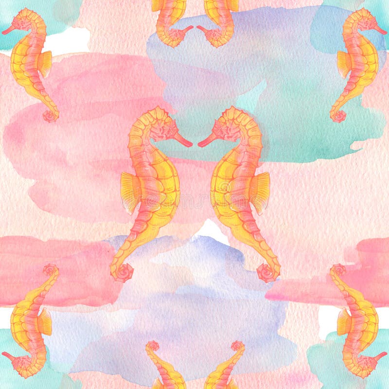 Watercolor Under Sea, Seamless Pattern. Seahorses Print. Stock ...