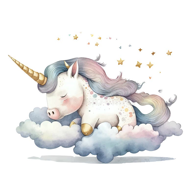 Watercolor Unicorn Sleep on Cloud Isolated Vector Illustration Stock ...