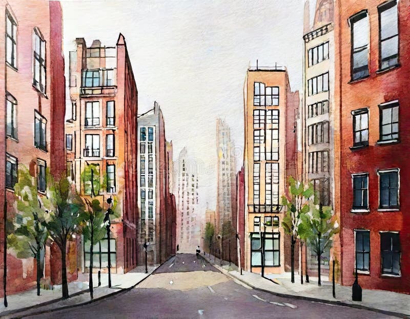 Watercolor of Urban Landscape with Stock Illustration - Illustration of ...