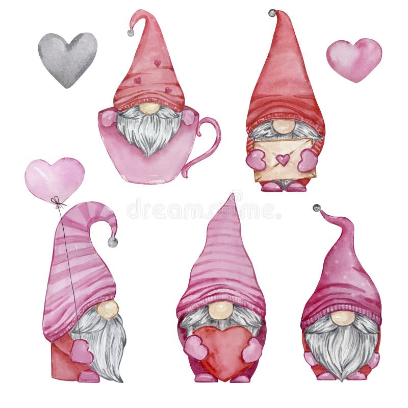 Watercolor Valentines Day, Gnomes Stock Illustration - Illustration of ...