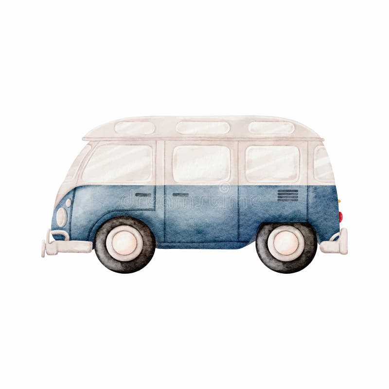 Watercolor Vector with Blue Van Car Vintage Style Stock Image - Image ...