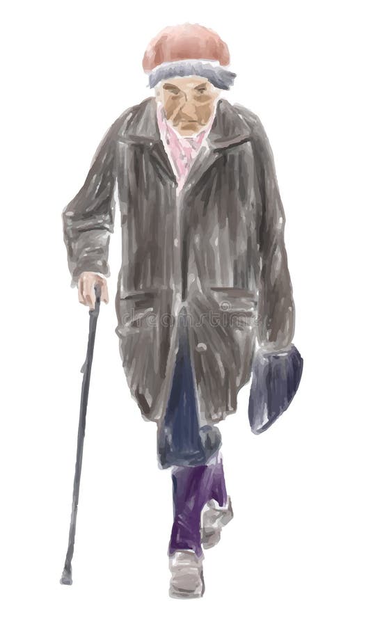 Watercolor Vector Drawing Of Casual Old Woman With Walking Cane