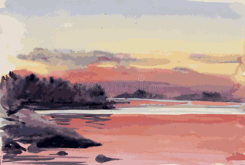 Watercolor Vector Drawing of Red Sunset Over Forest Lake in Summer ...