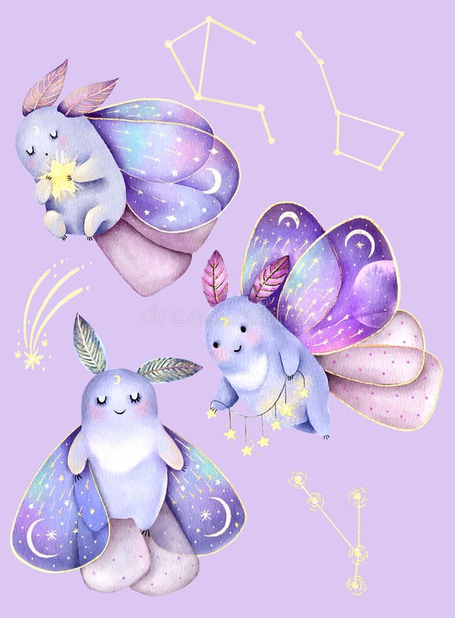 Watercolor Vector Illustrations Set of Magic Moth and Stars Stock ...