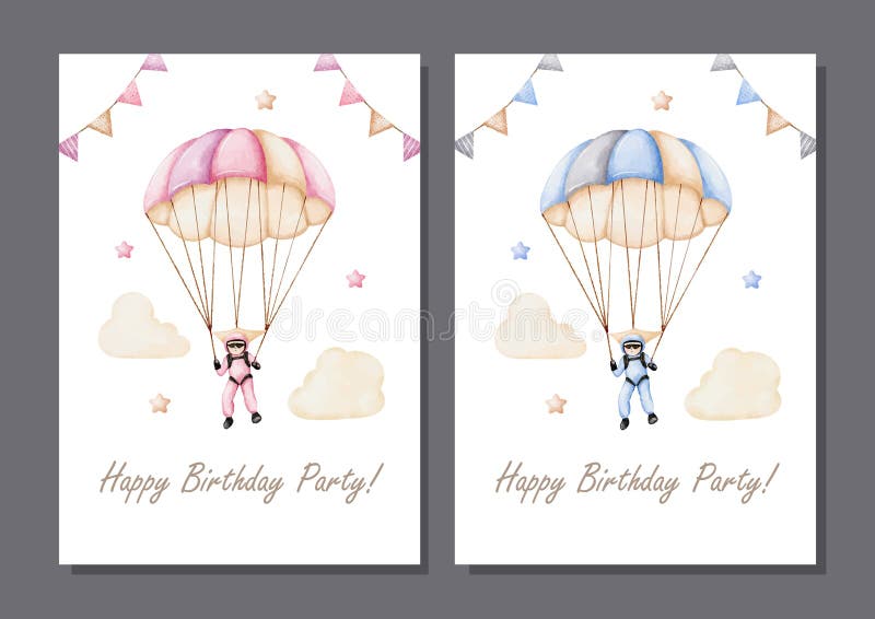Watercolor Vector Set of Blue and Pink Parachute for Invitation Card ...