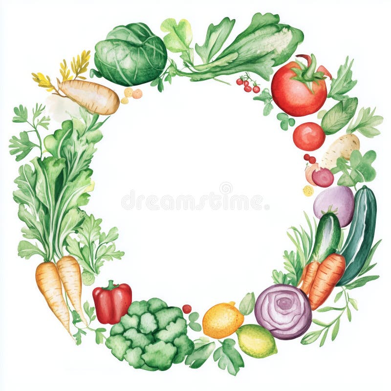 Watercolor Vegetable Frame with Fresh Produce Encircling White Space ...