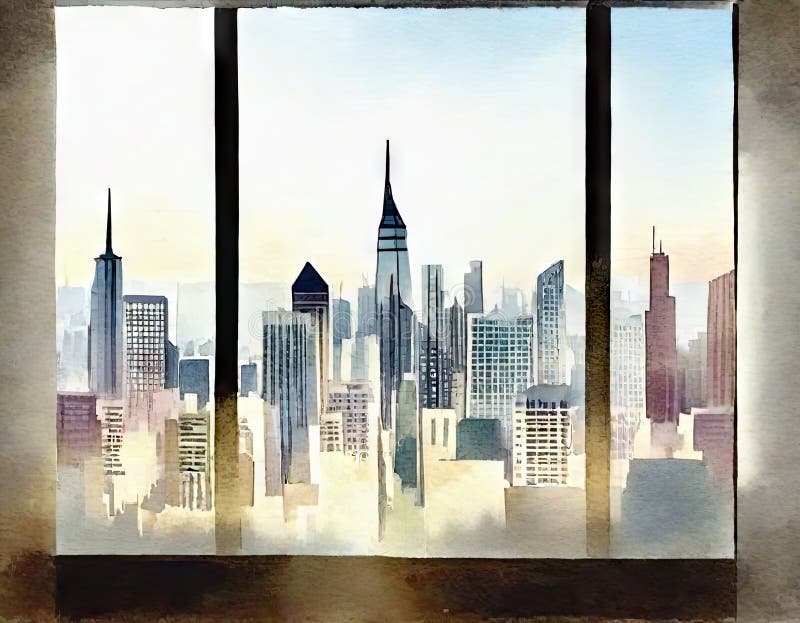 Watercolor of an with a View of City Distant and Window Overlooking ...