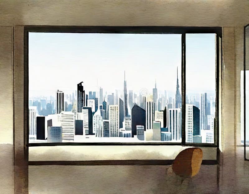 Watercolor of an with a View of City Distant and Window Overlooking ...