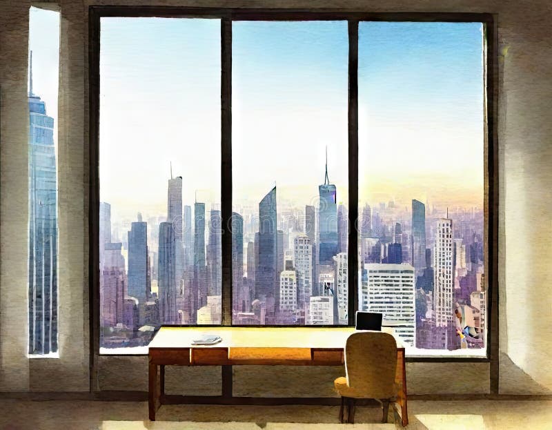 Watercolor of an with a View of City Distant and Window Overlooking ...