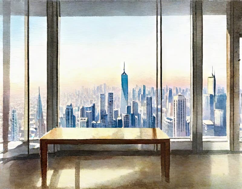 Watercolor of an with a View of City Distant and Window Overlooking ...