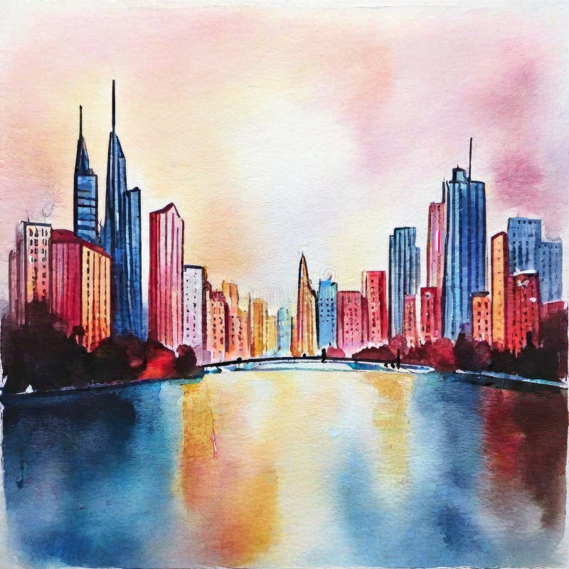 Watercolor of View of the City Stock Illustration - Illustration of ...