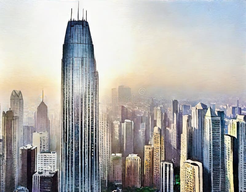 Watercolor of View of Iconic Skyscraper from Summit One Stock ...