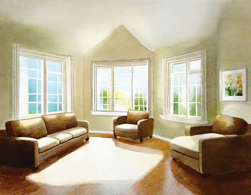 Watercolor of View of a Living Room with a Corner Perspective and a ...
